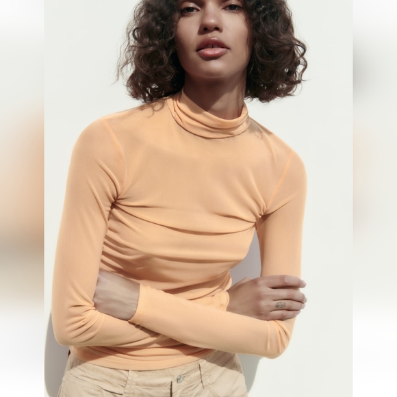 Zara | Tops | Zara Ruched Tulle Top Semisheer Orange Color Bloggers ...